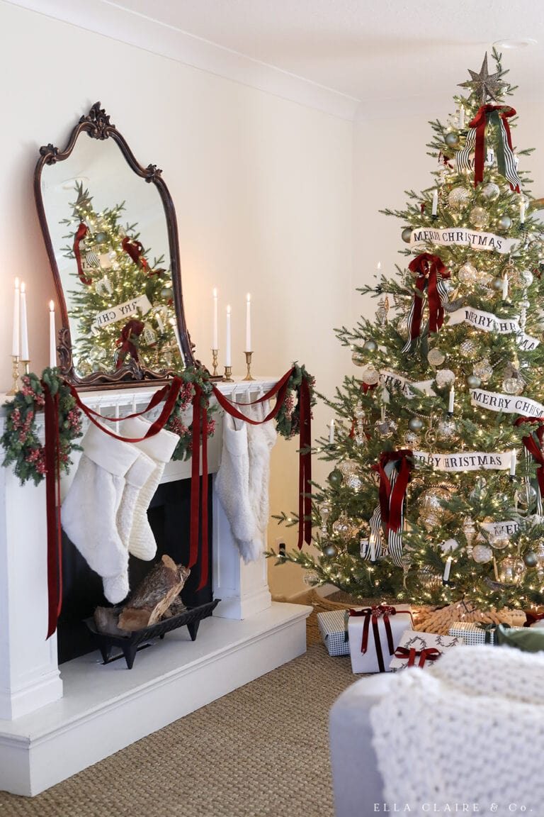 Wreaths and Ribbon Christmas Mantel Decor - Ella Claire & Co.